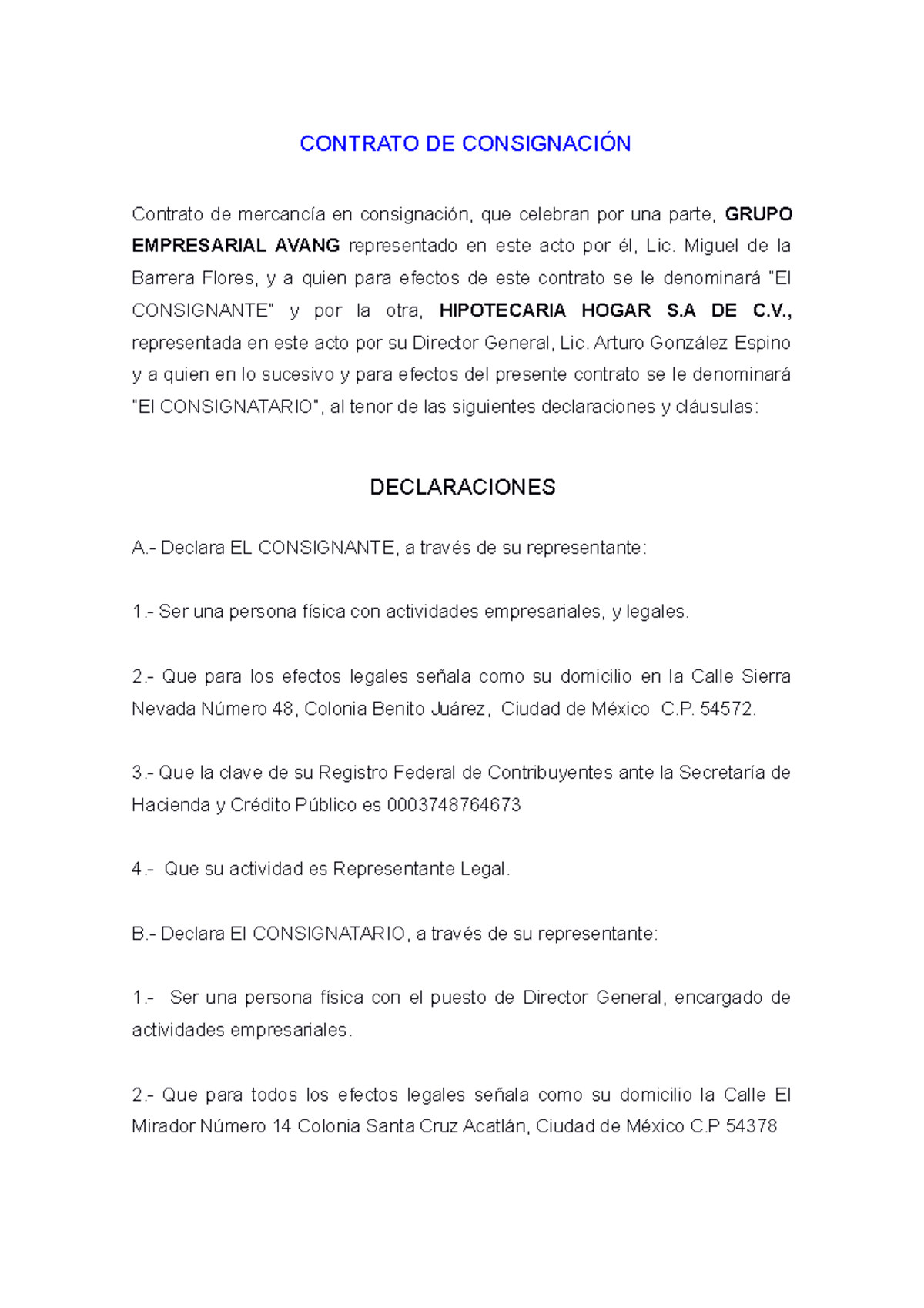 Contrato-DE- Consignacion 1 - CONTRATO DE CONSIGNACIÓN Contrato de ...
