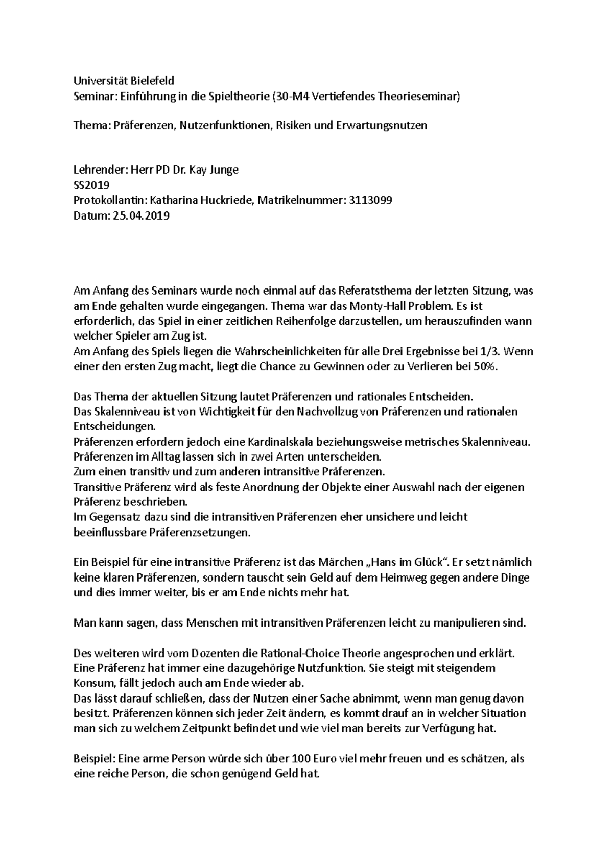 Protokoll 2 25 - Einführung in die Spieltheorie - Bielefeld Seminar: in ...