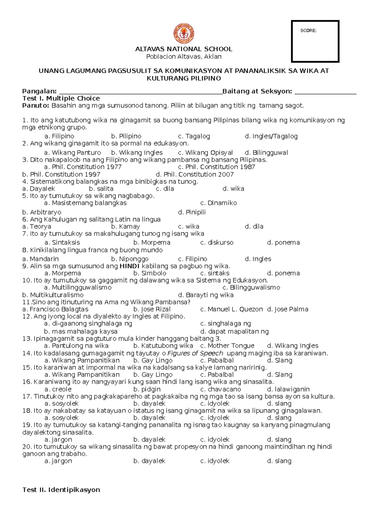 First Summative Test-Filipino - ALTAVAS NATIONAL SCHOOL Poblacion ...