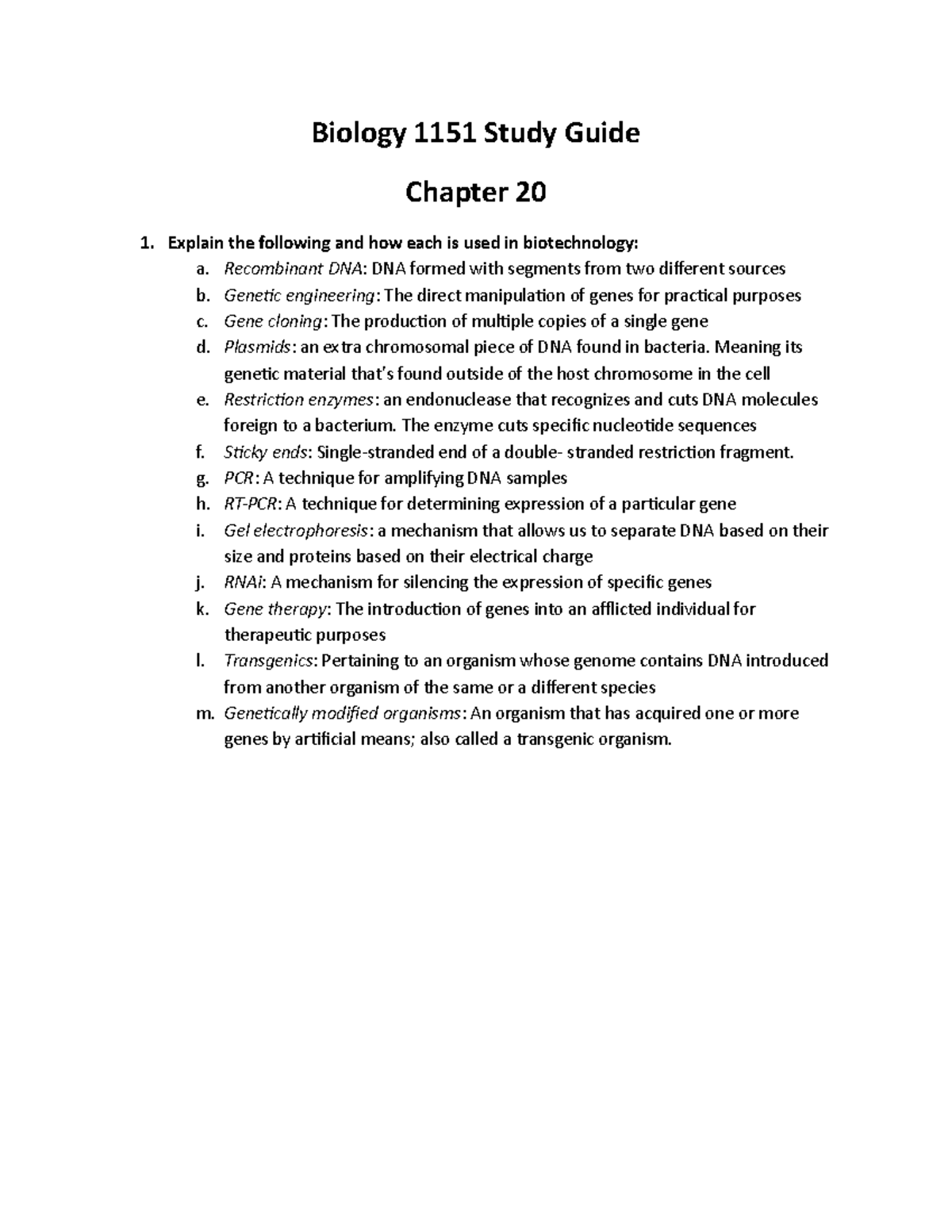 Chapter 20 Study Guide copy - Biology 1151 Study Guide Chapter 20 1 ...