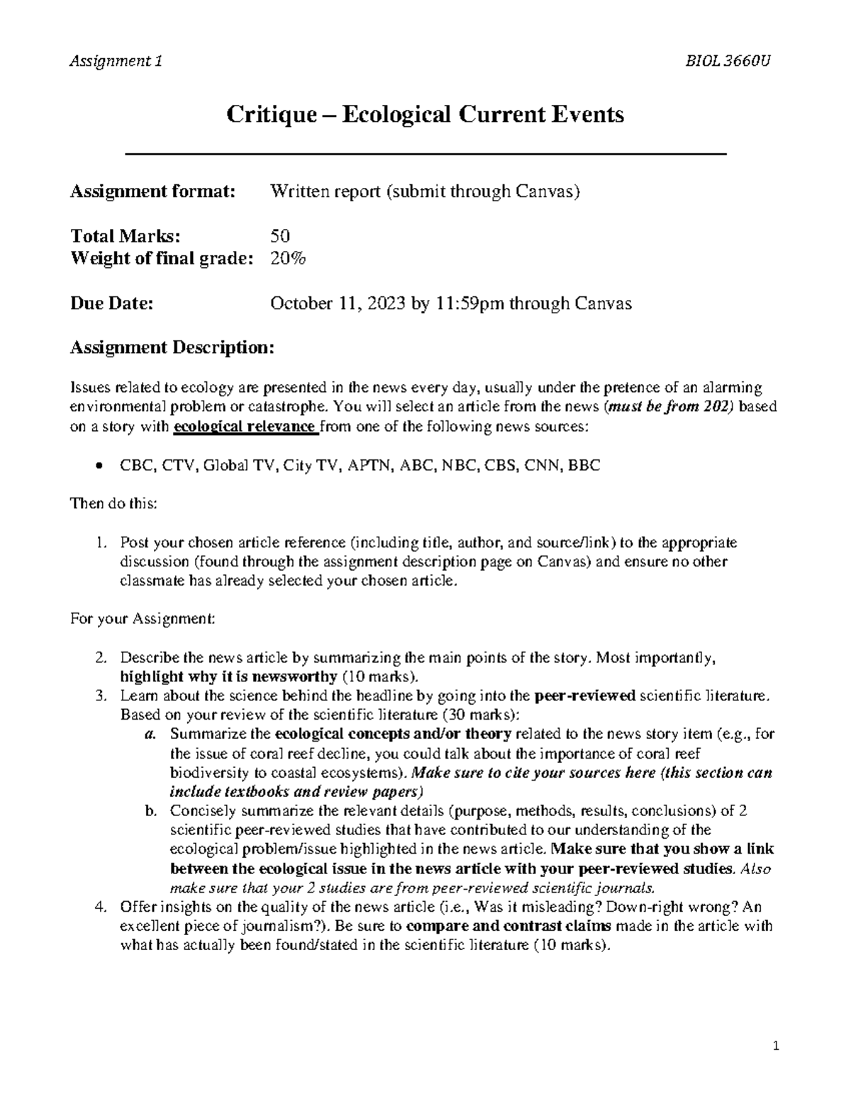 BIOL3660 Assignment 1 - Assignment 1 BIOL 36 6 0U 1 Critique ...