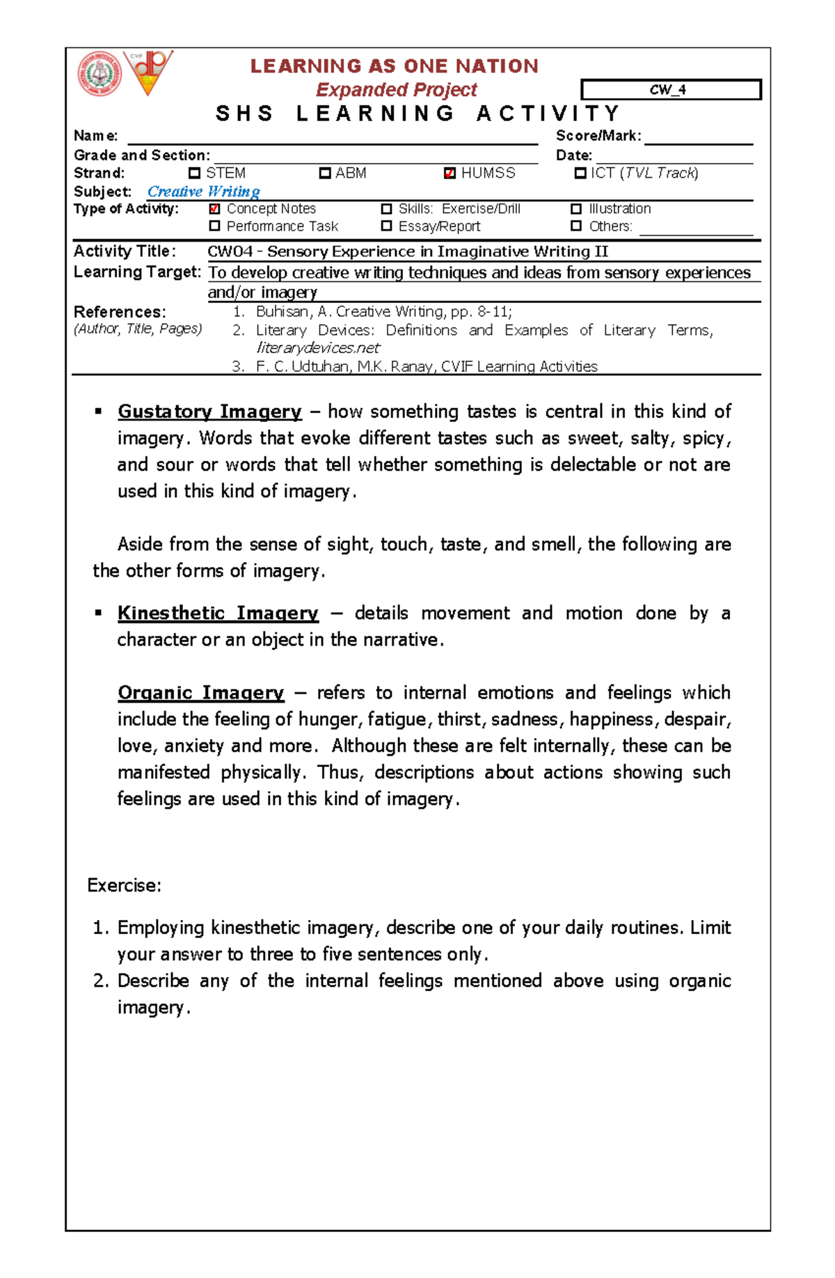 Creative Writing LAS 4 Sensory Experience in Imaginative Writing II ...
