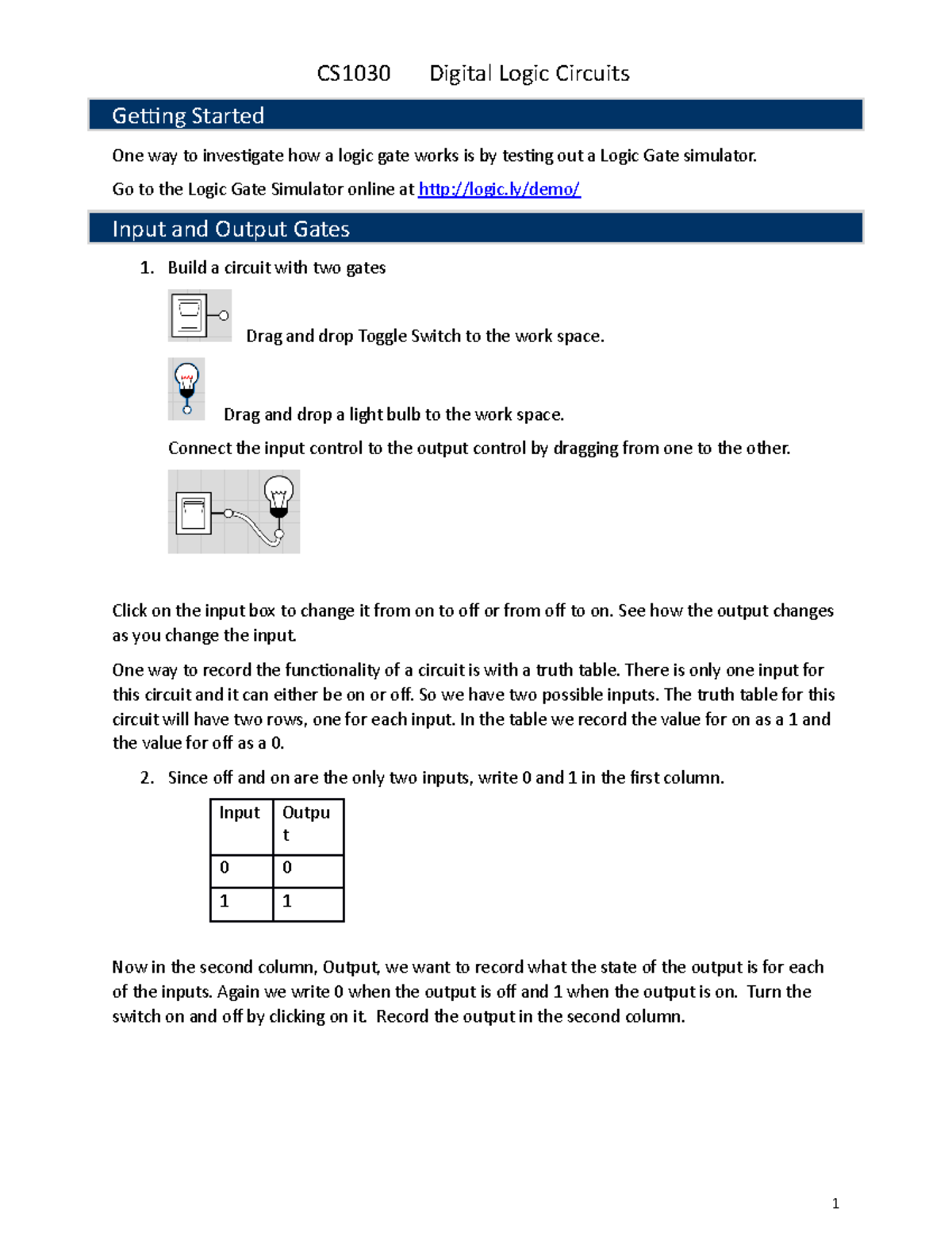 Archatecture Digital Logic Worksheet - CS1030 Digital Logic Circuits ...