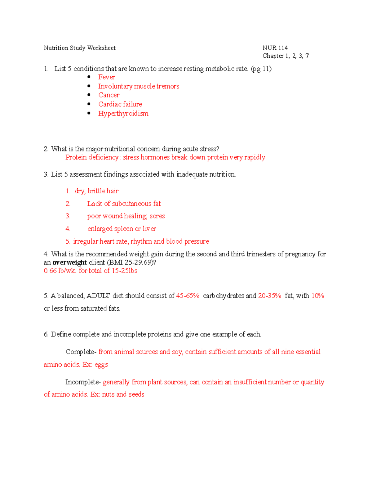 Nutrition Study Guide 1 Nutrition Study Worksheet NUR 114 Chapter 1