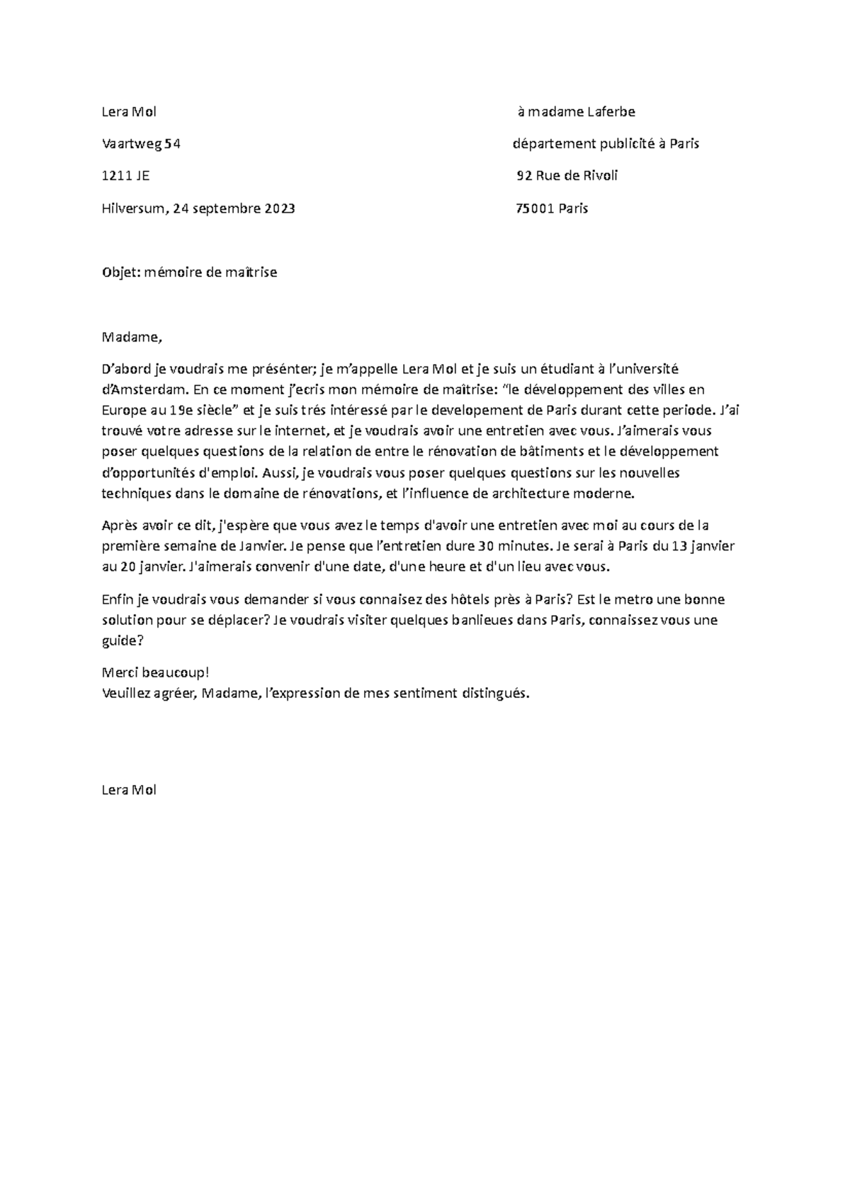 Frans brief 24 september - Lera Mol à madame Laferbe Vaartweg 54 ...