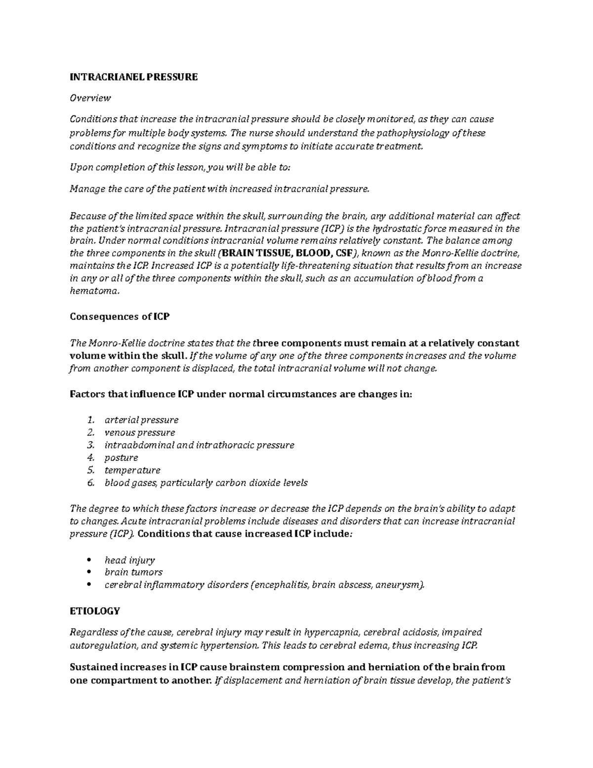 ICP Sherpath - Lecture notes Intracranial pressure - INTRACRIANEL ...