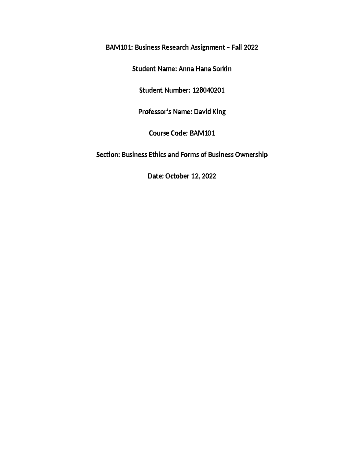 BAM101 Business Research Assignment – Fall 2022 - BAM101: Business Research Assignment – Fall ...