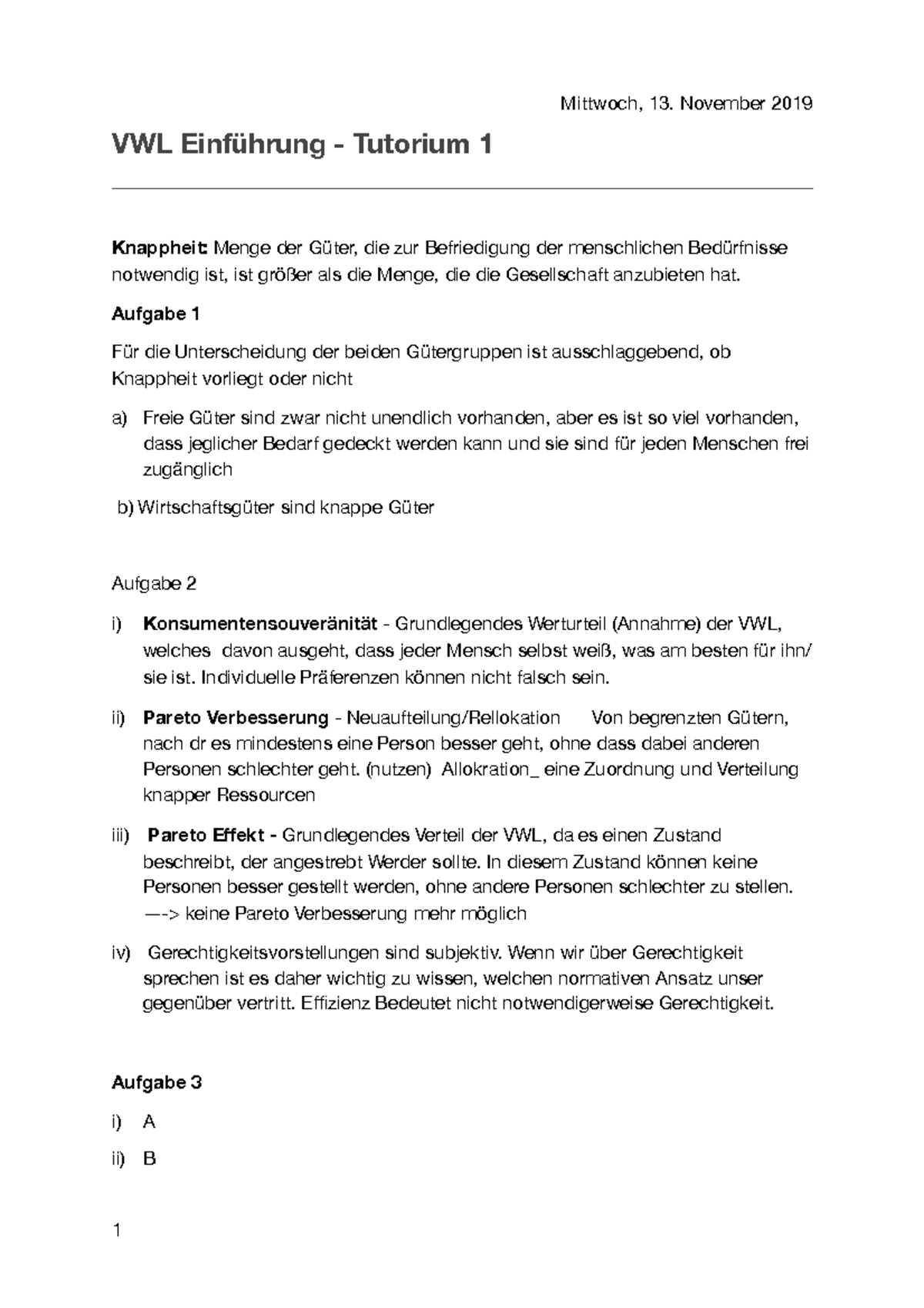 VWL Tutorium 1 pdf - Lösung der Aufgabe - Mittwoch, 13. November 2019 VWL Einführung - Tutorium ...