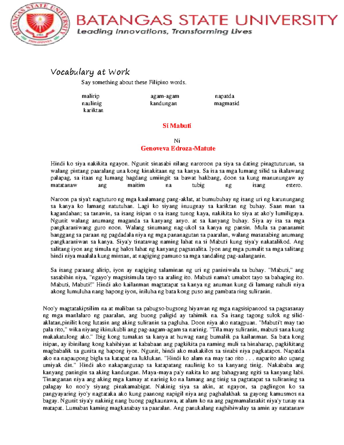 Fiction 1- SI Mabuti - !!! - Vocabulary at Work Say something about ...