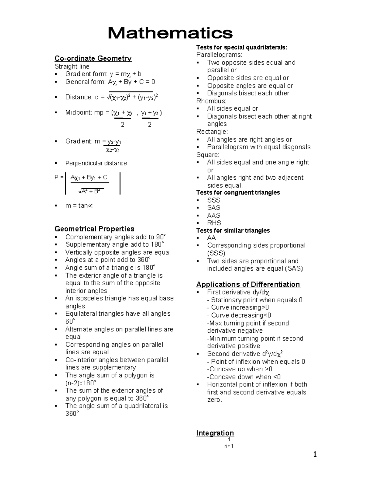Maths 2 Unit Notes - by Tim - Co-ordinate Geometry Straight line ...