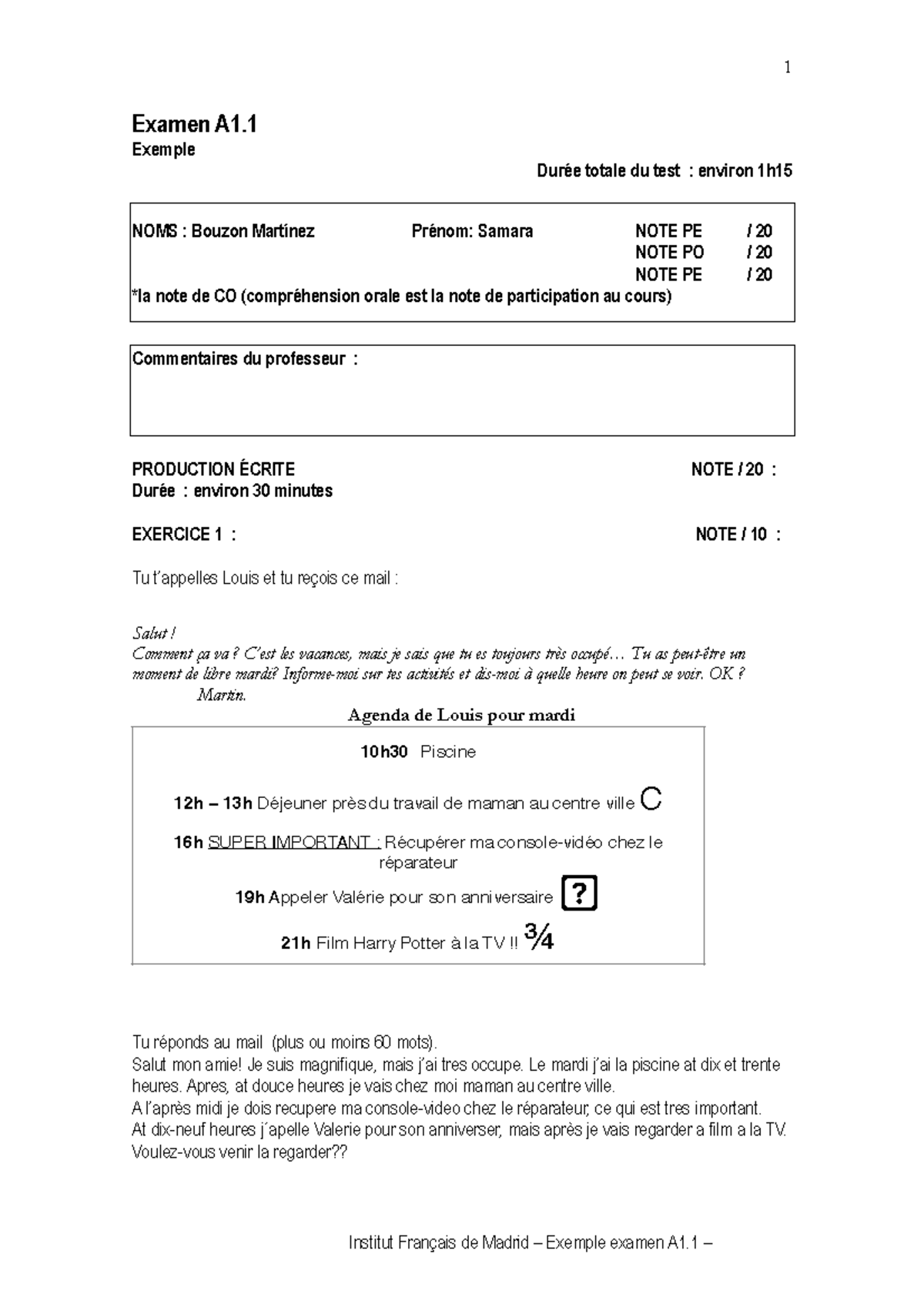 Exemple examen A1 - Examen A1. Exemple Durée totale du test : environ ...