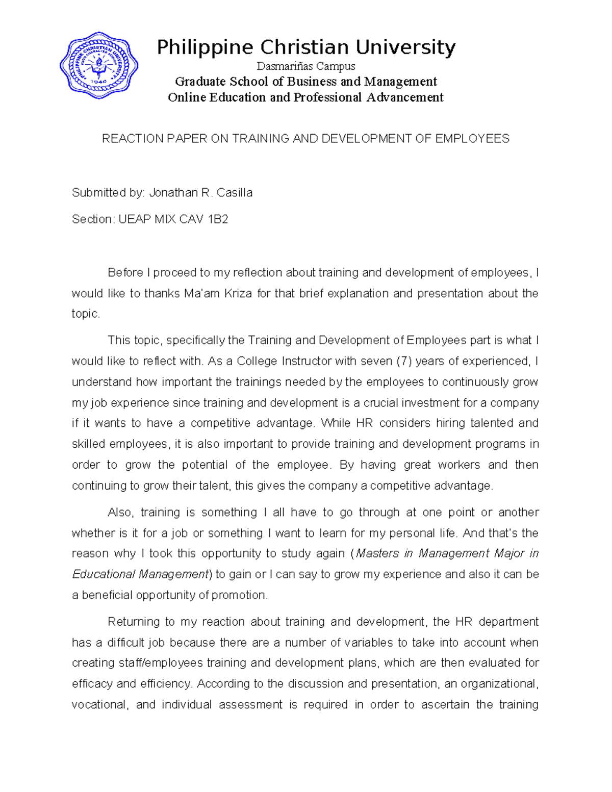 HRM - Jonathan Casilla - UEAP MIX CAV 1B2 - Dasmariñas Campus Graduate ...