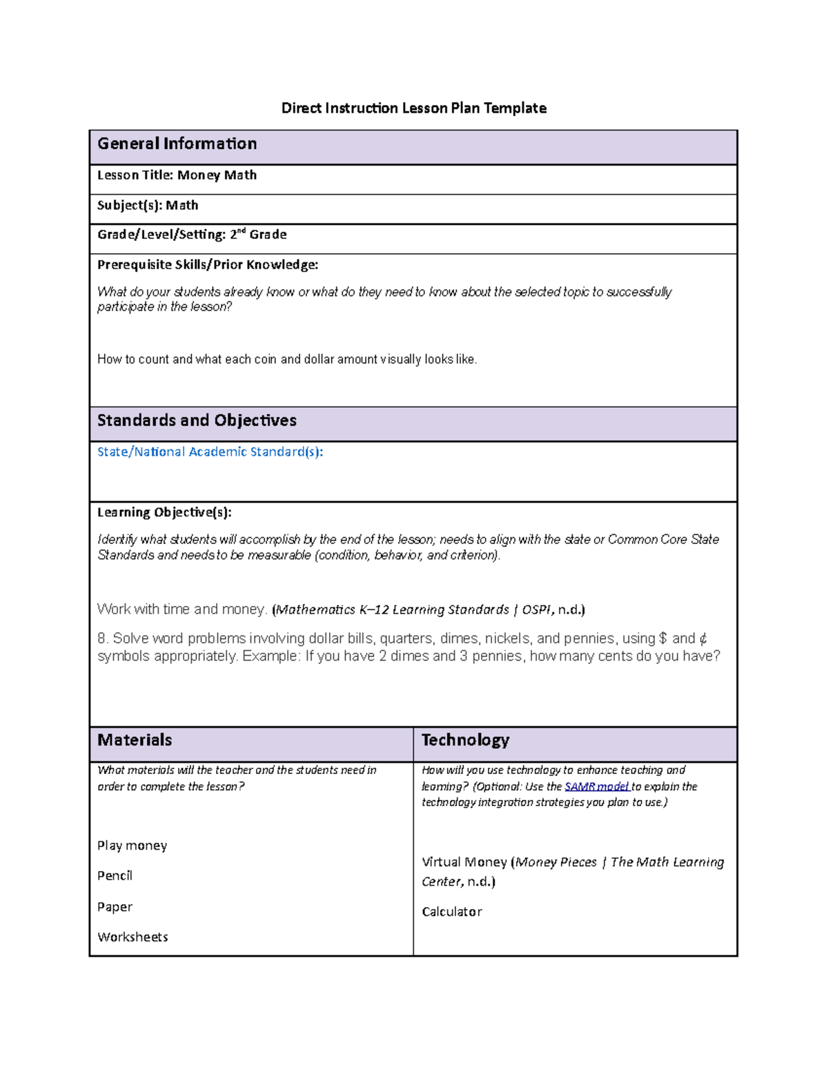 C109 Lesson Plan Task - Direct Instruction Lesson Plan Template General Information Lesson Title ...