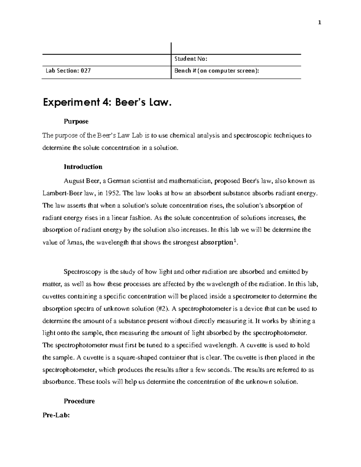 Beers Law - For chemistry. - Student No: Lab Section: 027 Bench # (on ...