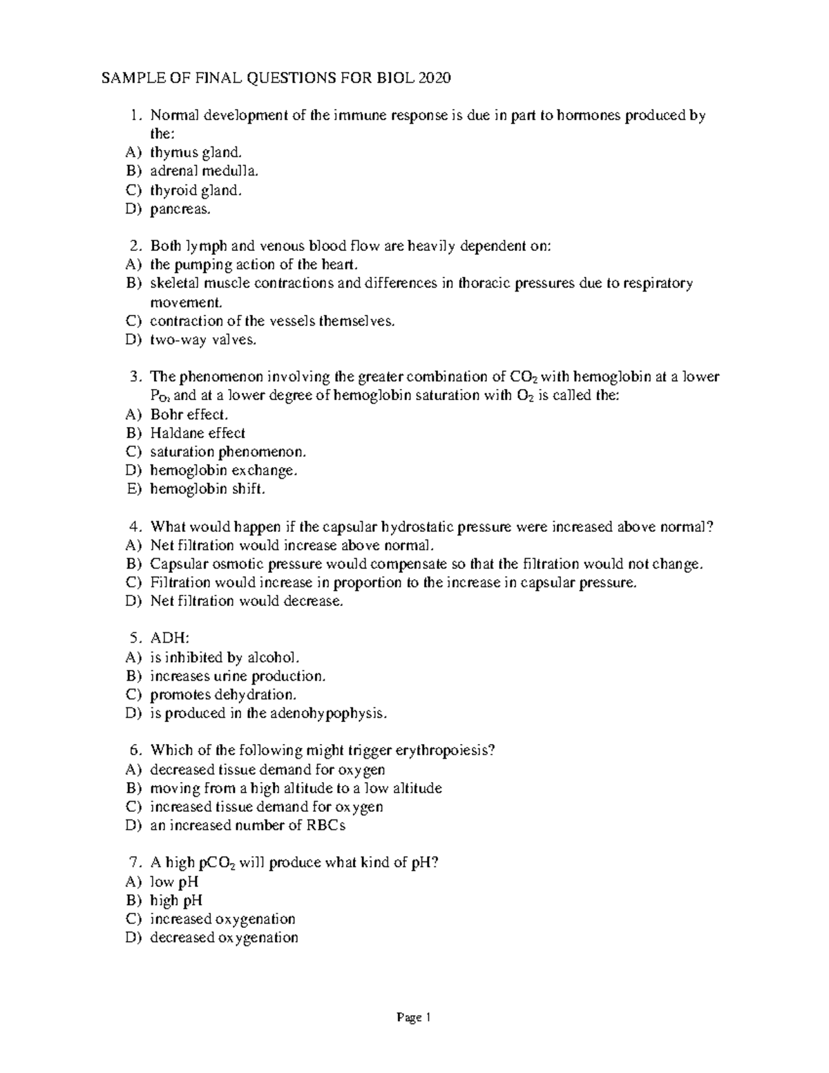 Sample Final Exam Biol. 2020 - SAMPLE OF FINAL QUESTIONS FOR BIOL 2020 ...