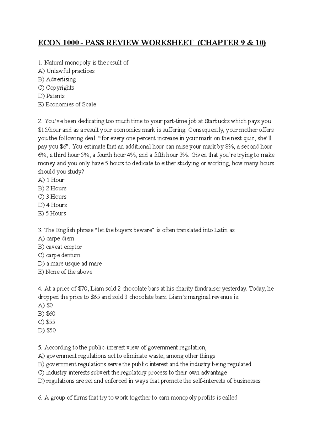 ECON 1000 - PASS Review Worksheet ( Chapter 9 & 10) Student Copy - ECON ...