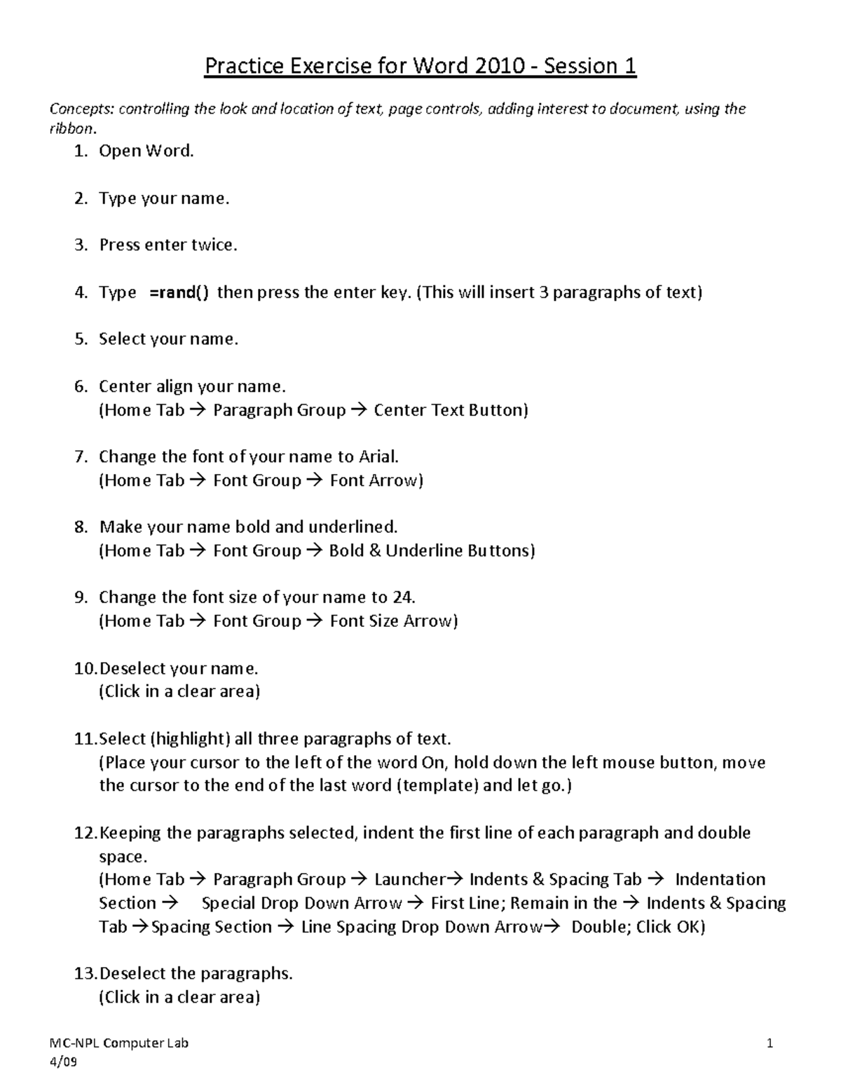 Practice Exercise Word 2010 - Practice Exercise for Word 2010 - Session ...