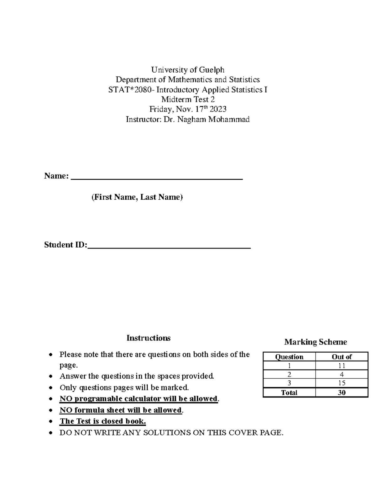 Midterm 2-Formula Sheet and Cover Page - University of Guelph ...