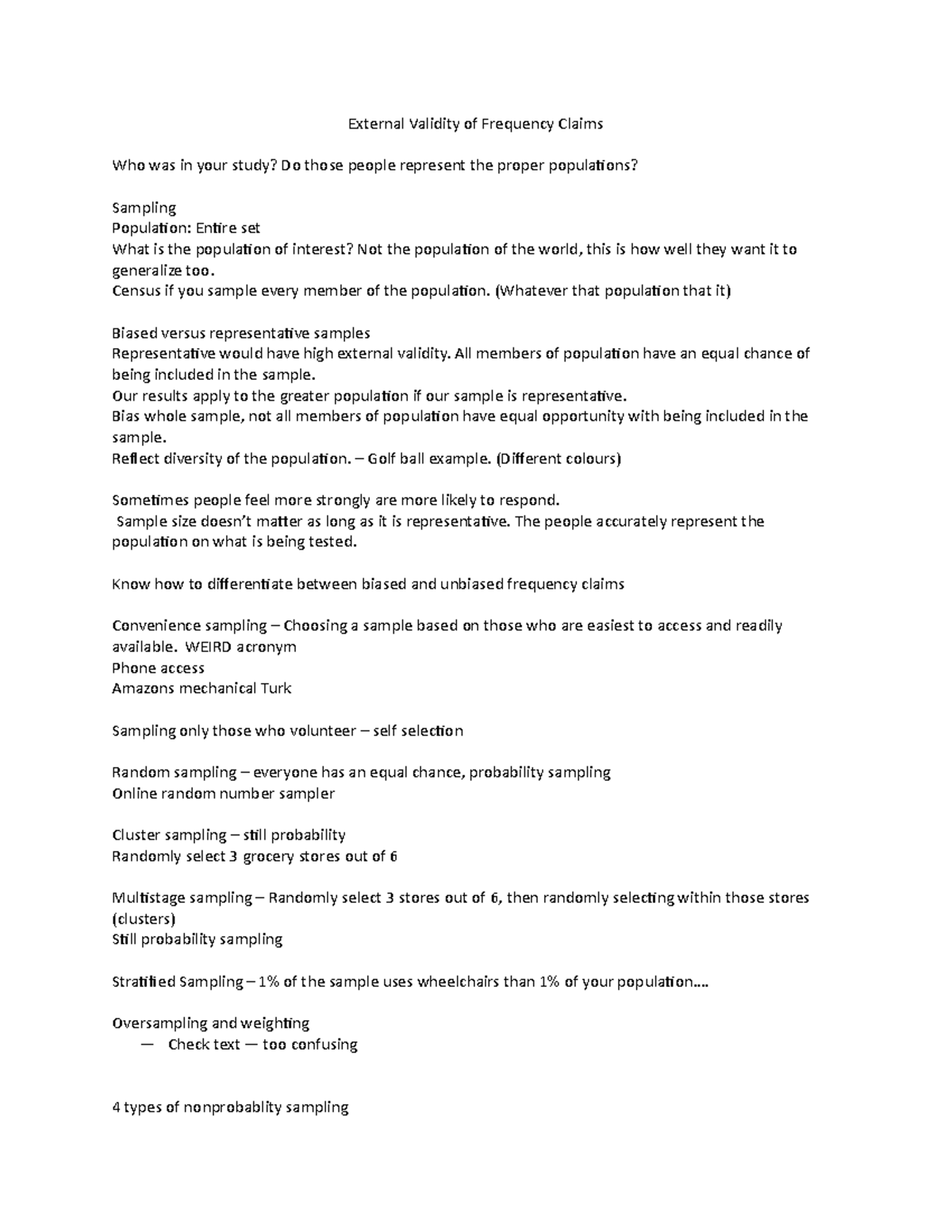 Study notes Chapter 7 Sampling - External Validity of Frequency Claims ...