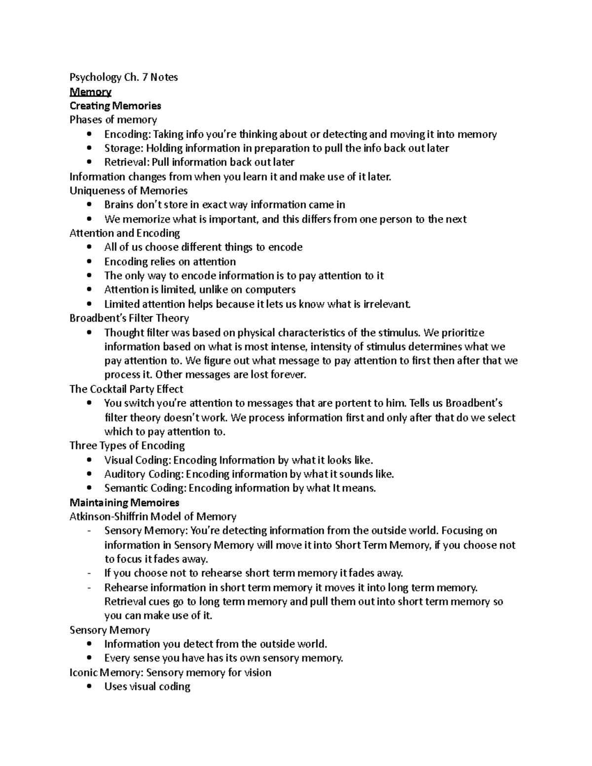 Psychology Ch 7 notes - Psychology Ch. 7 Notes Memory Creating Memories ...