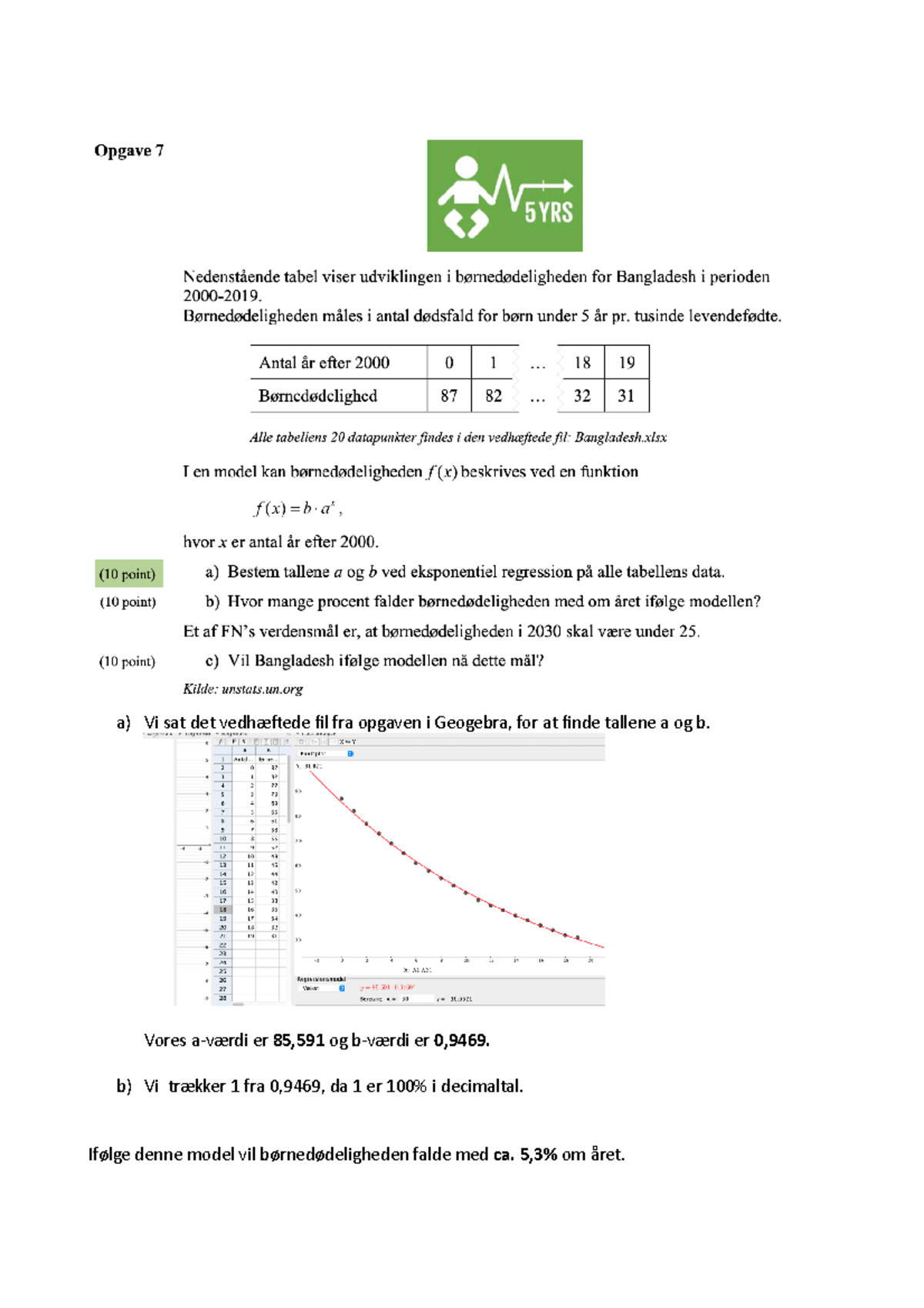 Mat aflevering 55 - a) Vi sat det vedhæftede fil fra opgaven i Geogebra ...