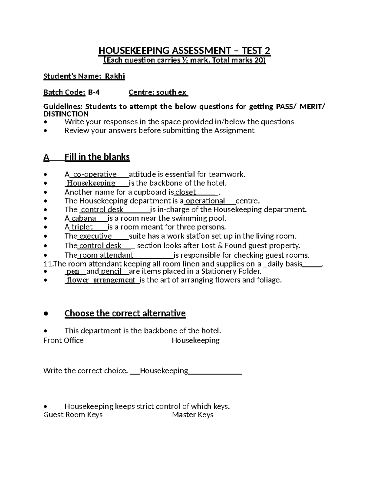 housekeeping huhuhuhuuhuh - HOUSEKEEPING ASSESSMENT – TEST 2 (Each ...