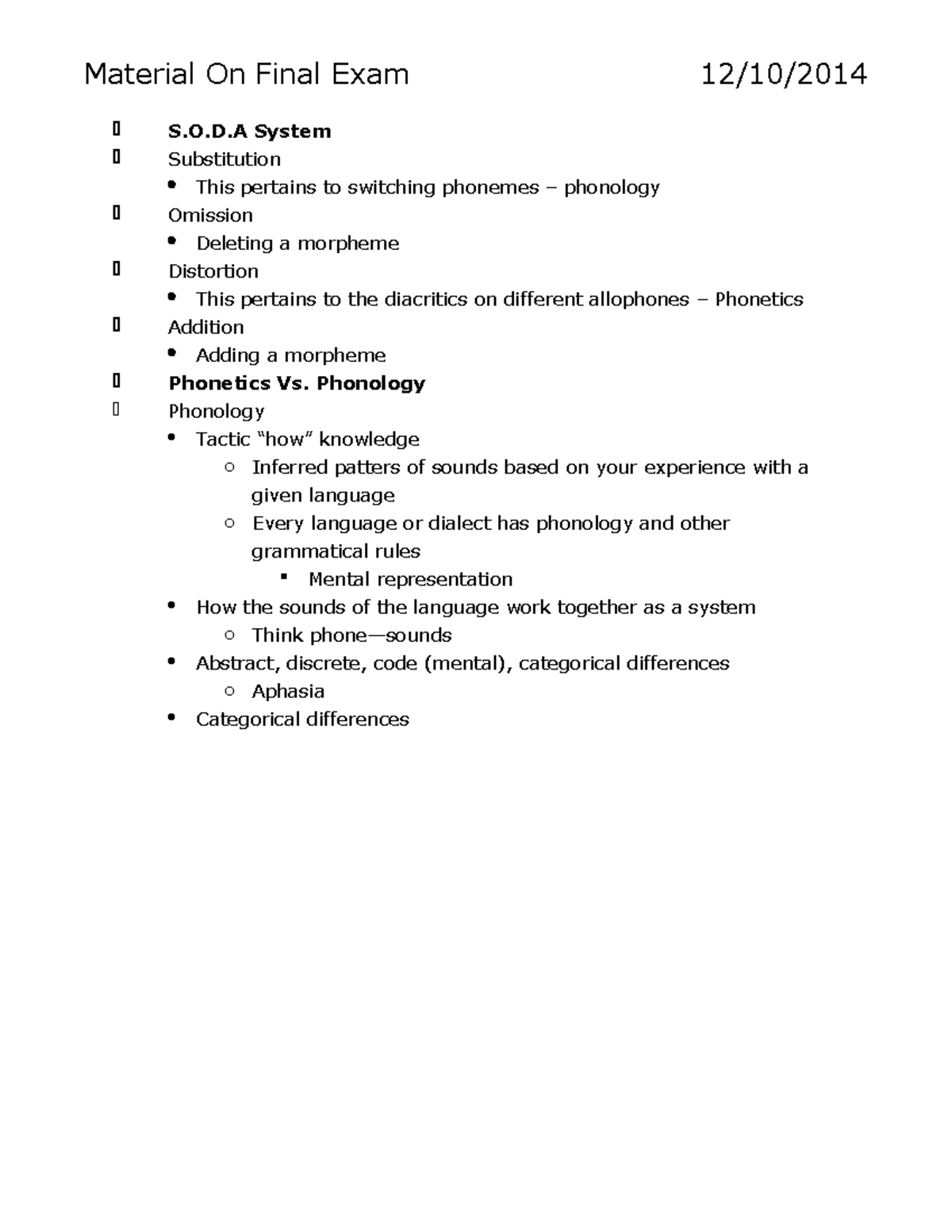 Final Exam Outline - Lecture notes 15-36 - Material On Final Exam 12/10 ...