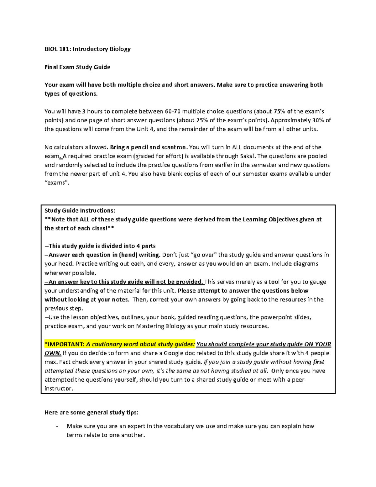 Final Exam Study Guide - BIOL 101: Introductory Biology Final Exam ...