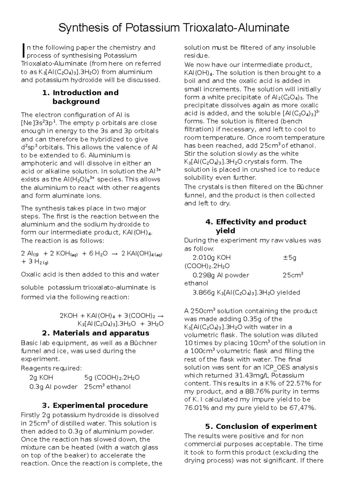 Publication report - Synthesis of Potassium Trioxalato-Aluminate n the ...