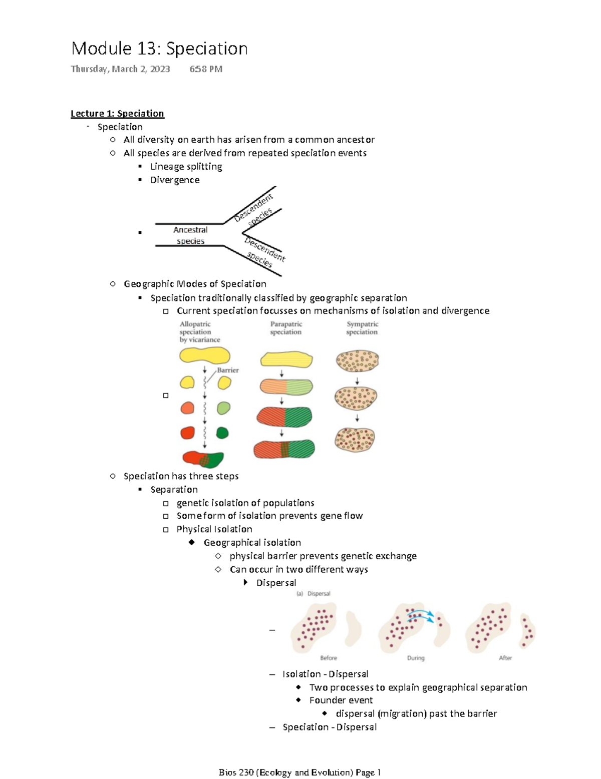 Bios 230 (Ecology and Evolution) Module 13 - Lecture 1: Speciation ...