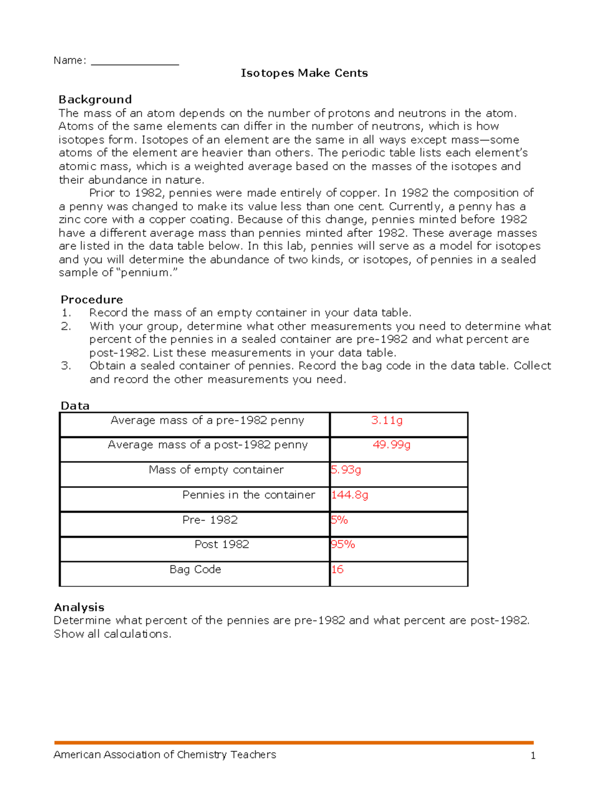 Lab Isotopes Cents Student 1 - 1 Name: ______________ Isotopes Make C ...