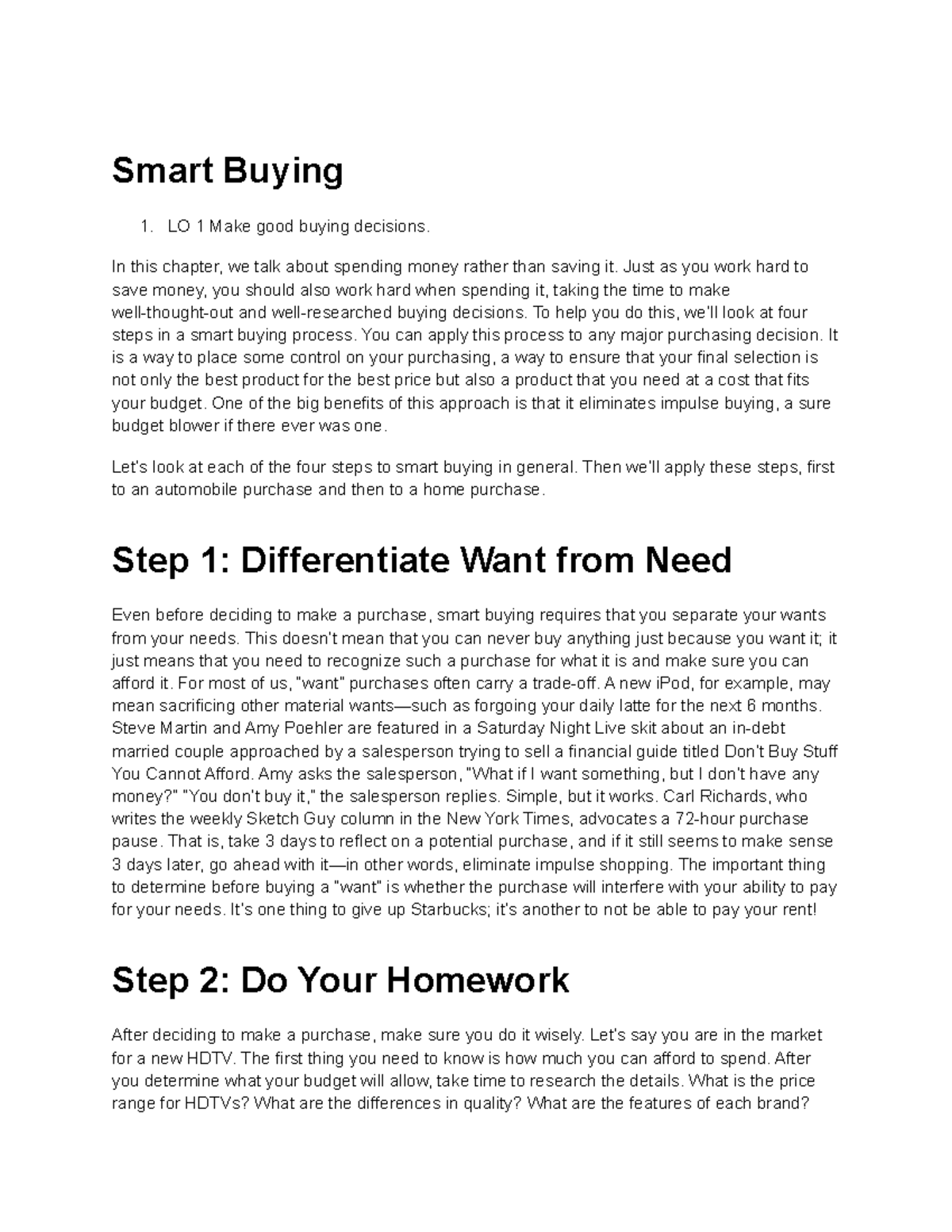 Intro to finance week 16 pt.2 - Smart Buying LO 1 Make good buying ...