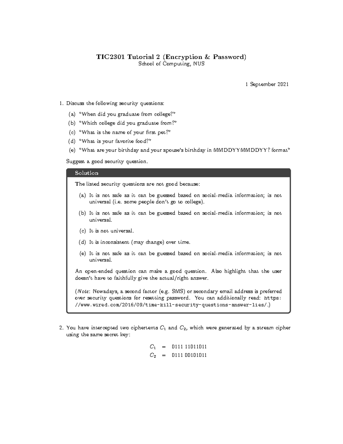 Tic2301 Tutorial 2 Answers Tic2301 Tutorial 2 Encryption And Password School Of Computing Nus 