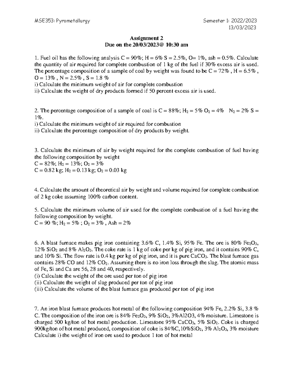 Assignments pyrometallurgy - MSE353: Pyrometallurgy Semester 1: 2022 ...