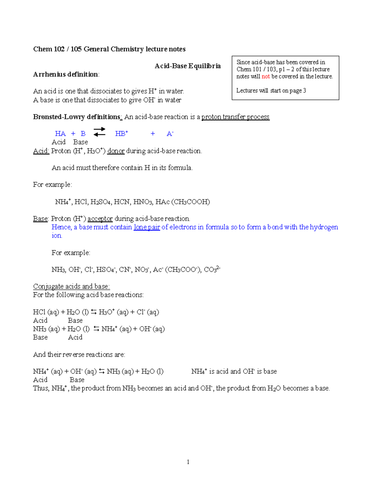 Acid-base equilibria 1 - Chem 102 / 105 General Chemistry lecture notes ...