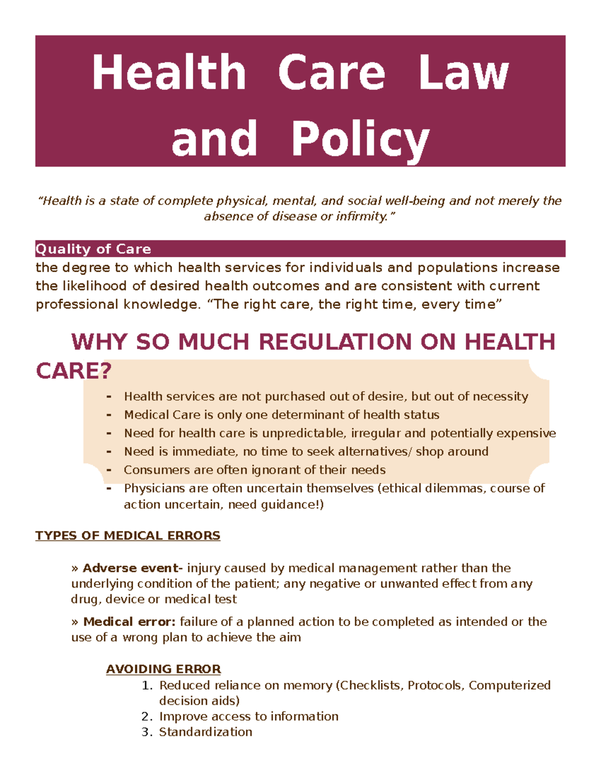 Health Outline 1 - Health Care Law and Policy “Health is a state of ...