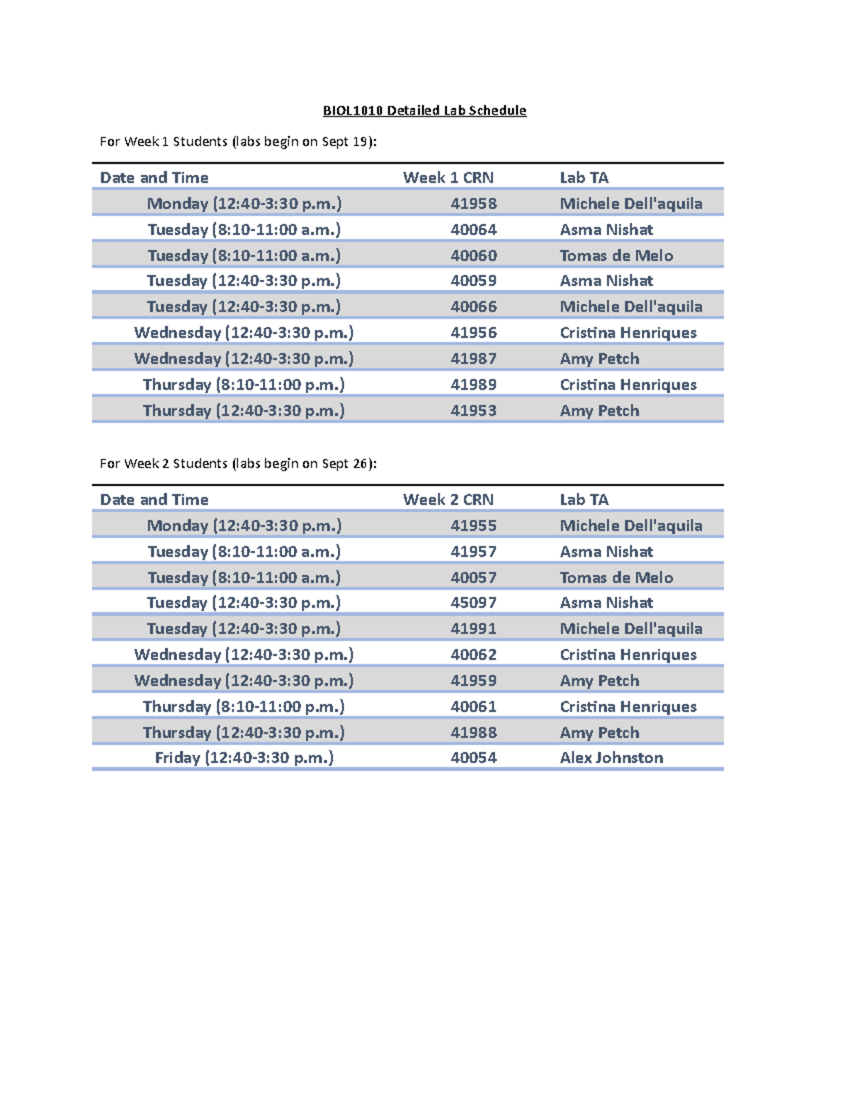 BIOL1010 Detailed Lab Schedule - ) 41958 Michele Dell'aquila Tuesday (8 ...