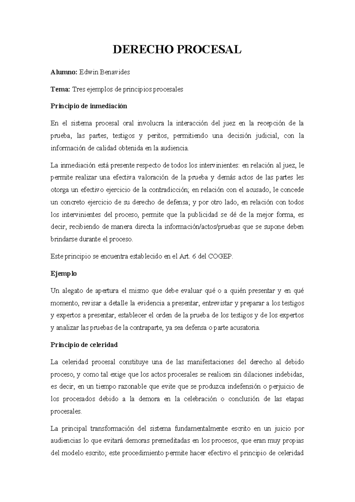Derecho Procesal - TAREA - DERECHO PROCESAL Alumno: Edwin Benavides ...