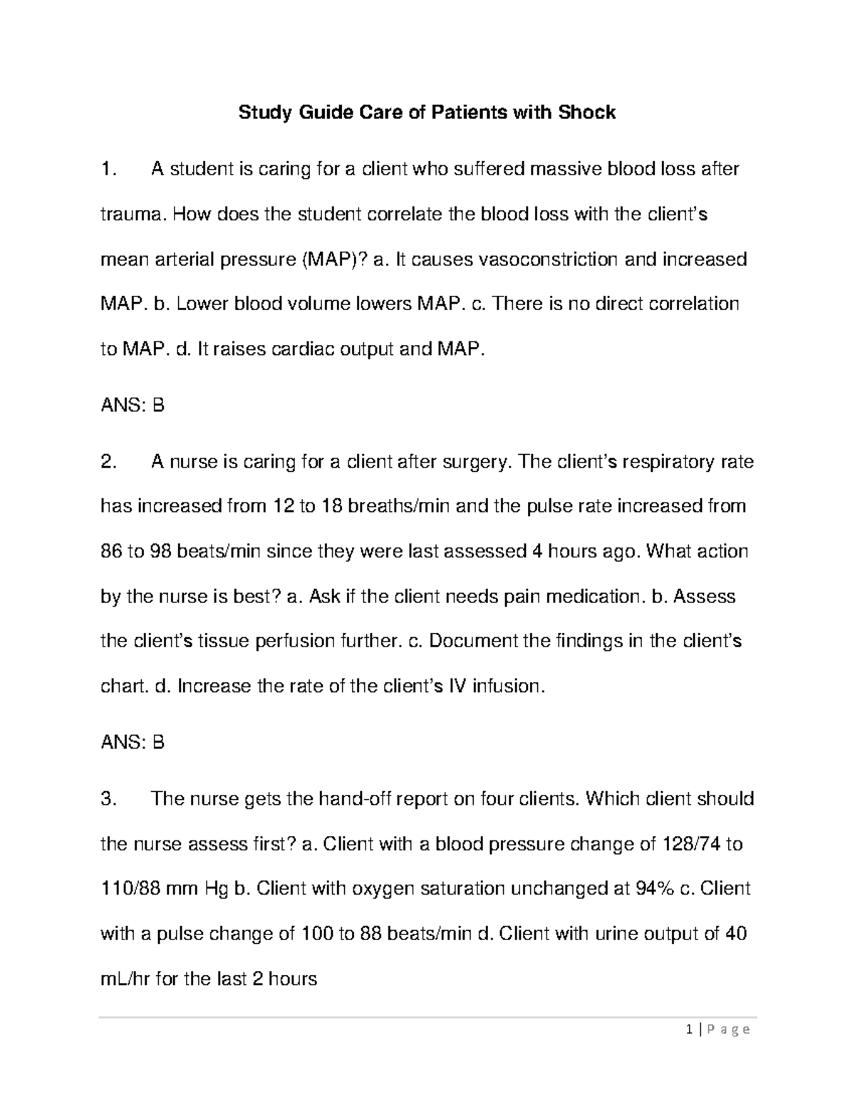 Study Guide Care of Patients with Shock - How does the student ...