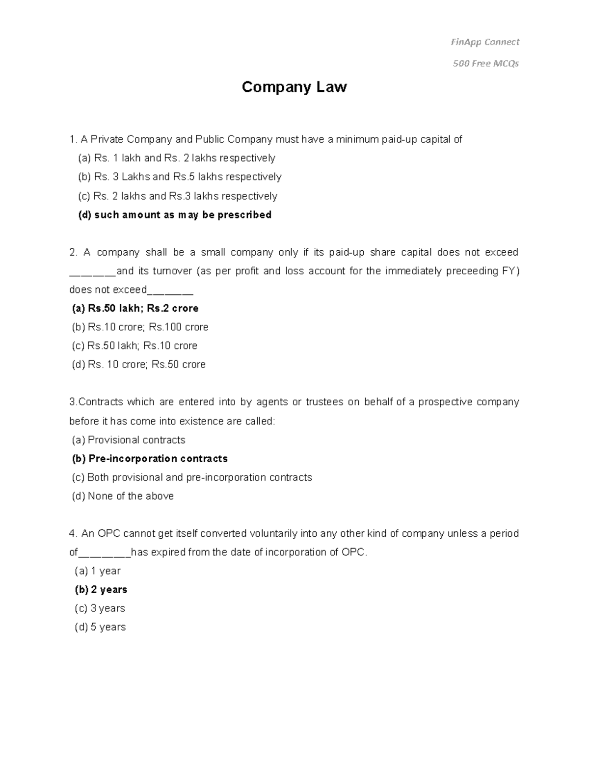 Company Law MCQ FOR LLB - 500 Free MCQs Company Law 1. A Private ...