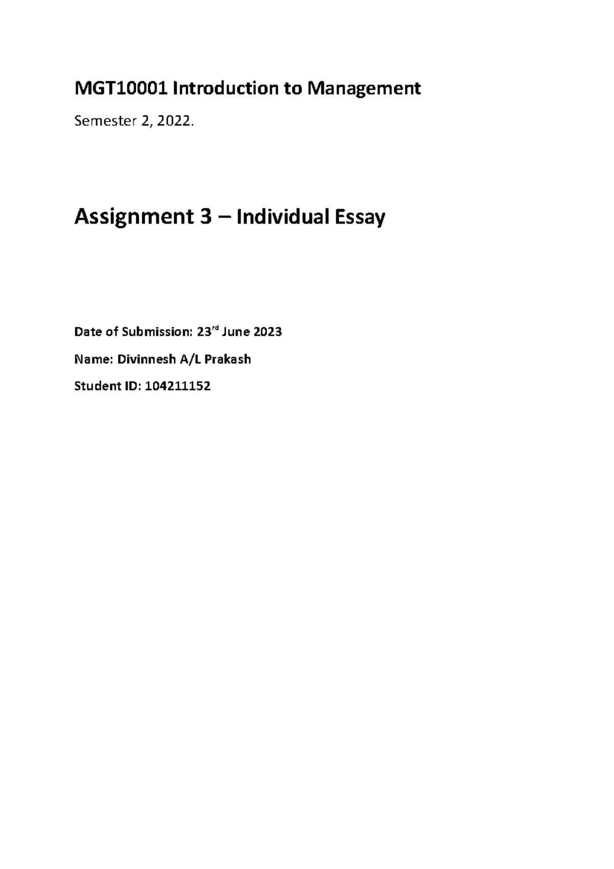 MGT10001 Assignment 3 - Summary Fundamentals of Management - MGT10001 ...