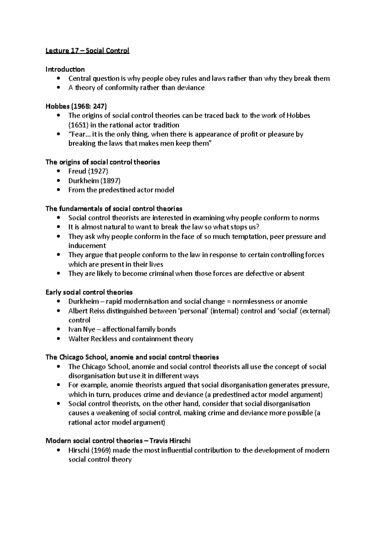 Lecture 17 - Lecture 17 – Social Control Introduction Central question ...