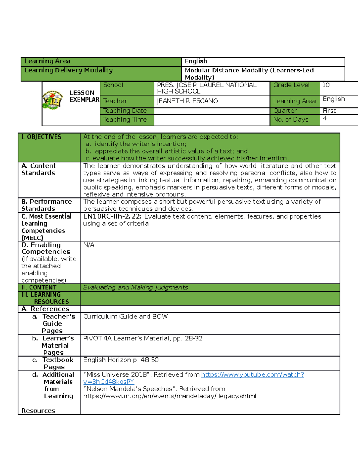 Pjplnhs ENG 8 Modals - lesson exemplar - Learning Area English Learning ...