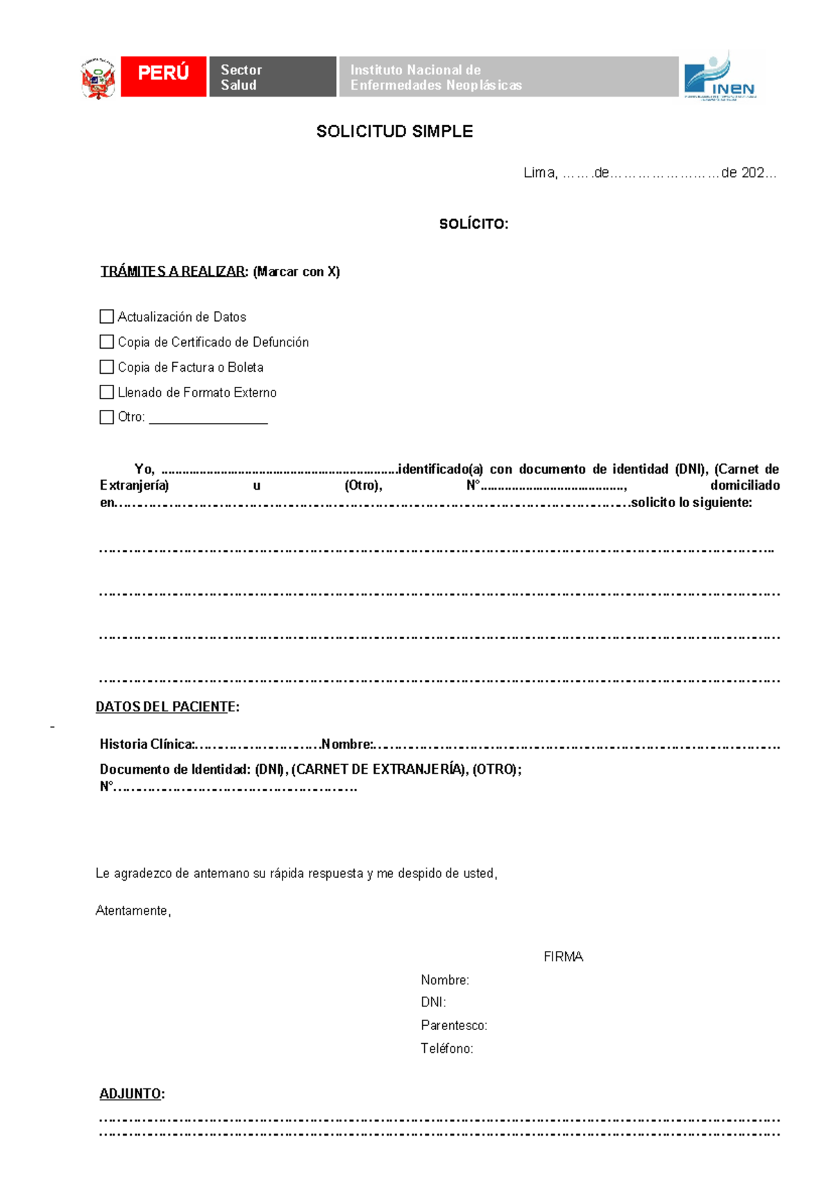 Formulario Solicitud Simple Actualizado - SOLICITUD SIMPLE Lima, .......de ...