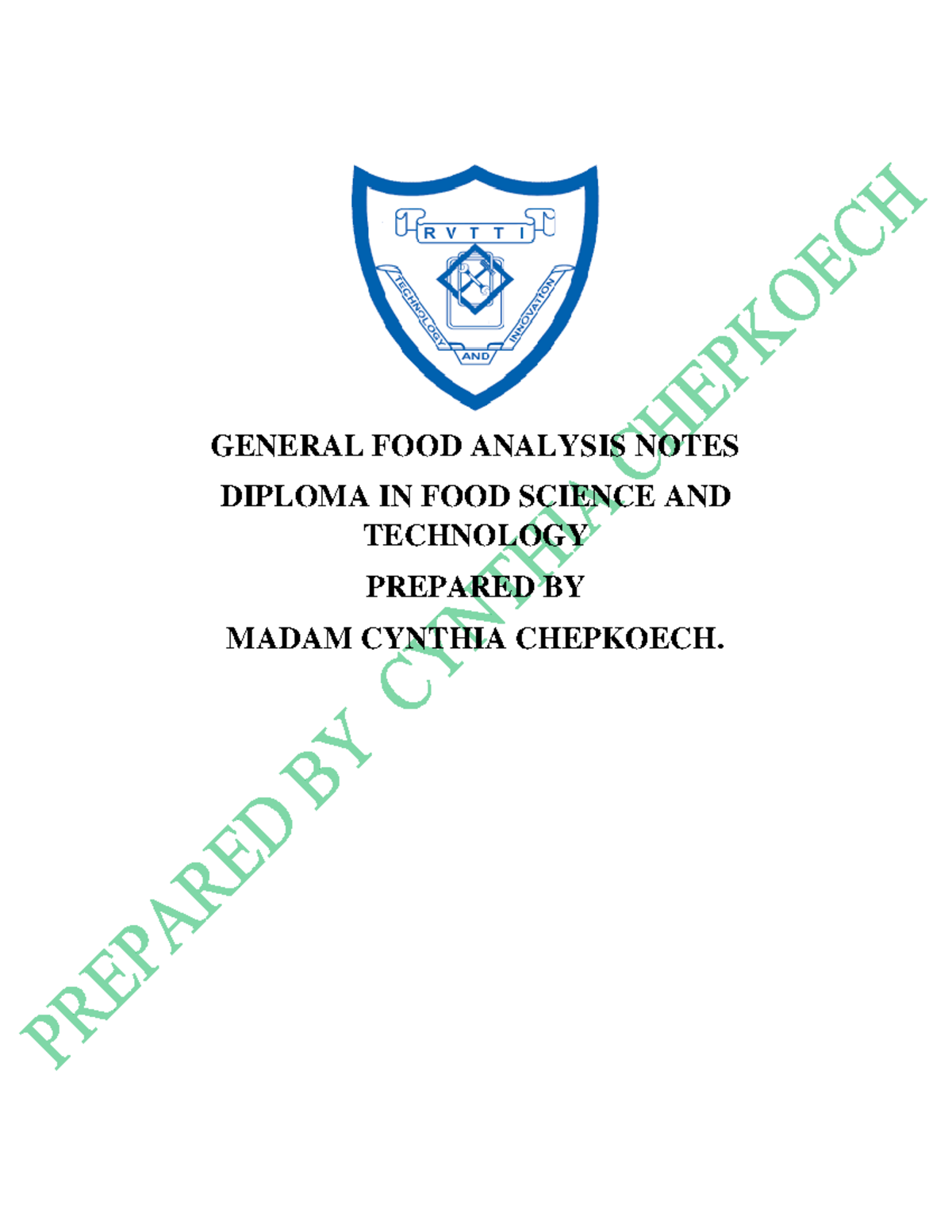General analysis notes - GENERAL FOOD ANALYSIS NOTES DIPLOMA IN FOOD ...