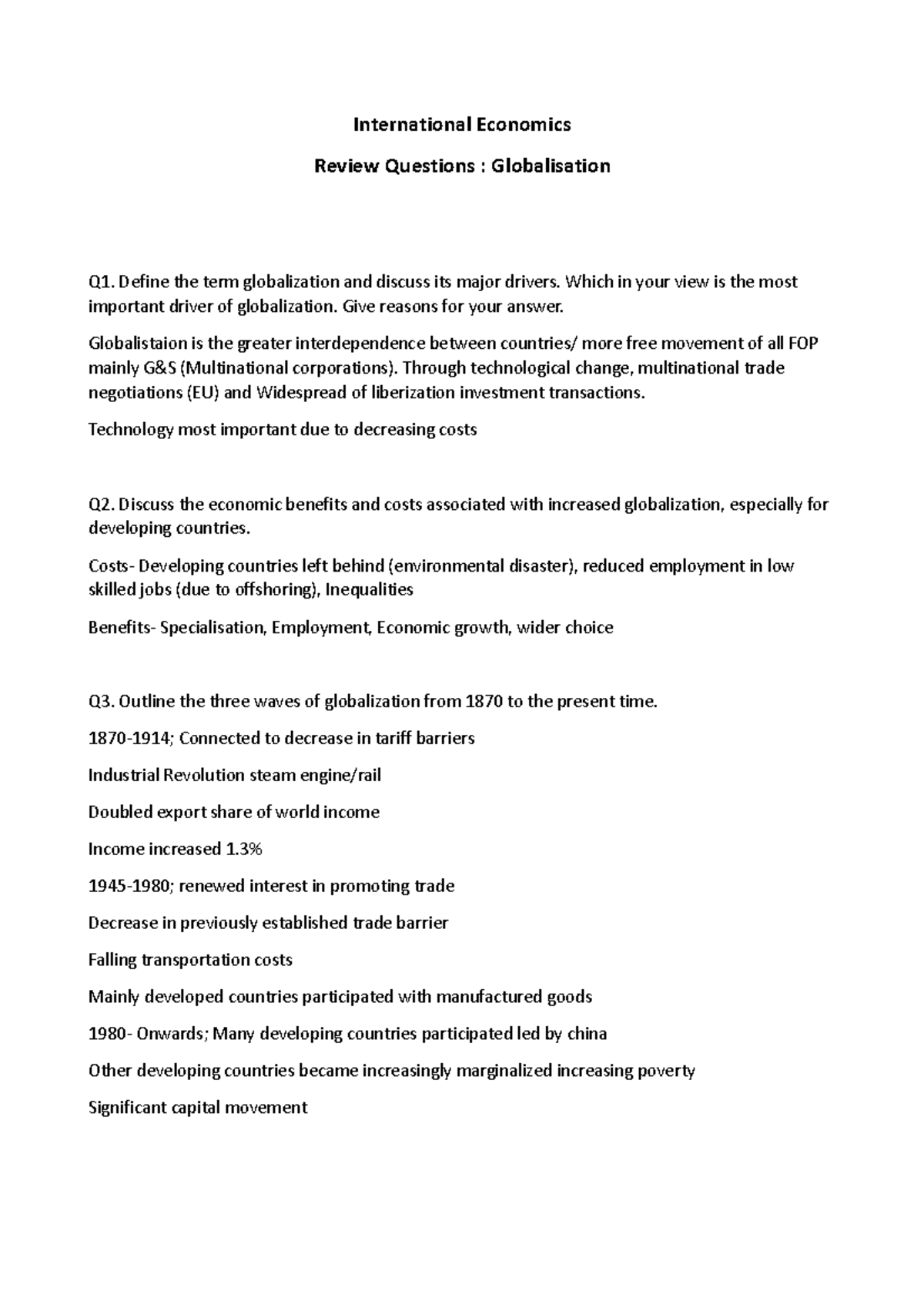 Tutorial 1 - Globalisation Review Questions - International Economics ...