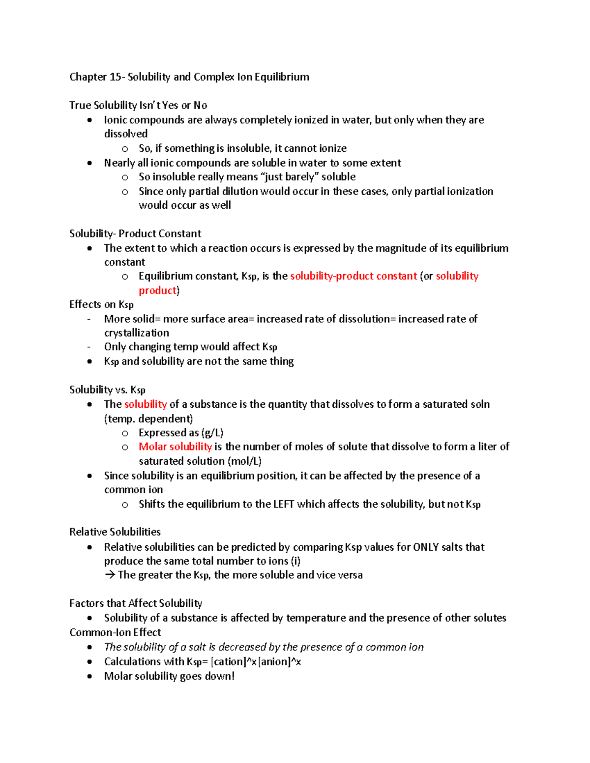 Chapter 15 Chemistry Notes - Chapter 15- Solubility and Complex Ion ...