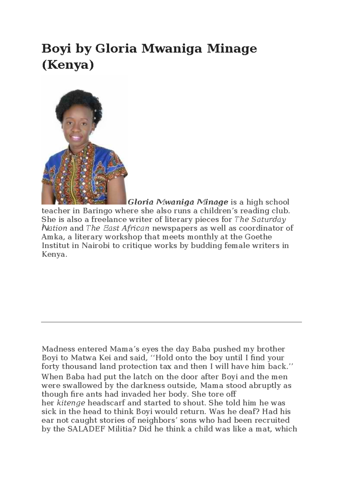 Boyi , Grace Mwaniga - Boyi by Gloria Mwaniga Minage (Kenya) Gloria ...