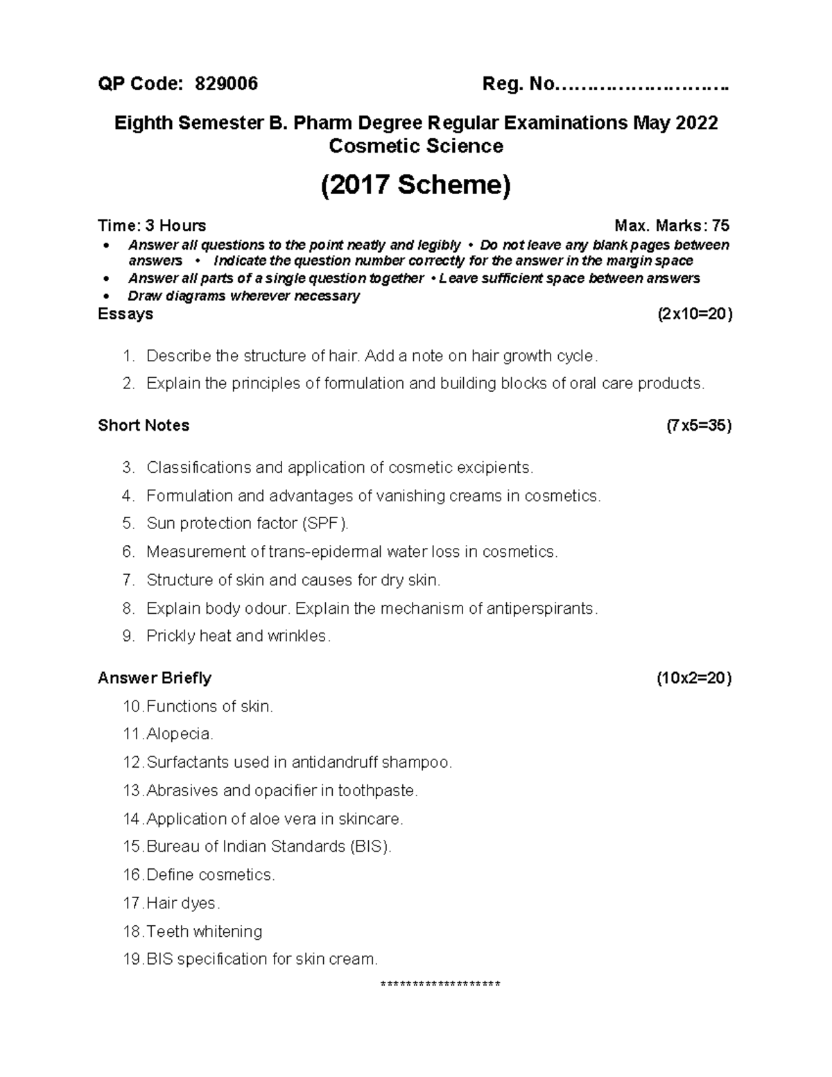 Cosmetics QP - Question paper - Eighth Semester B. Pharm Degree Regular ...