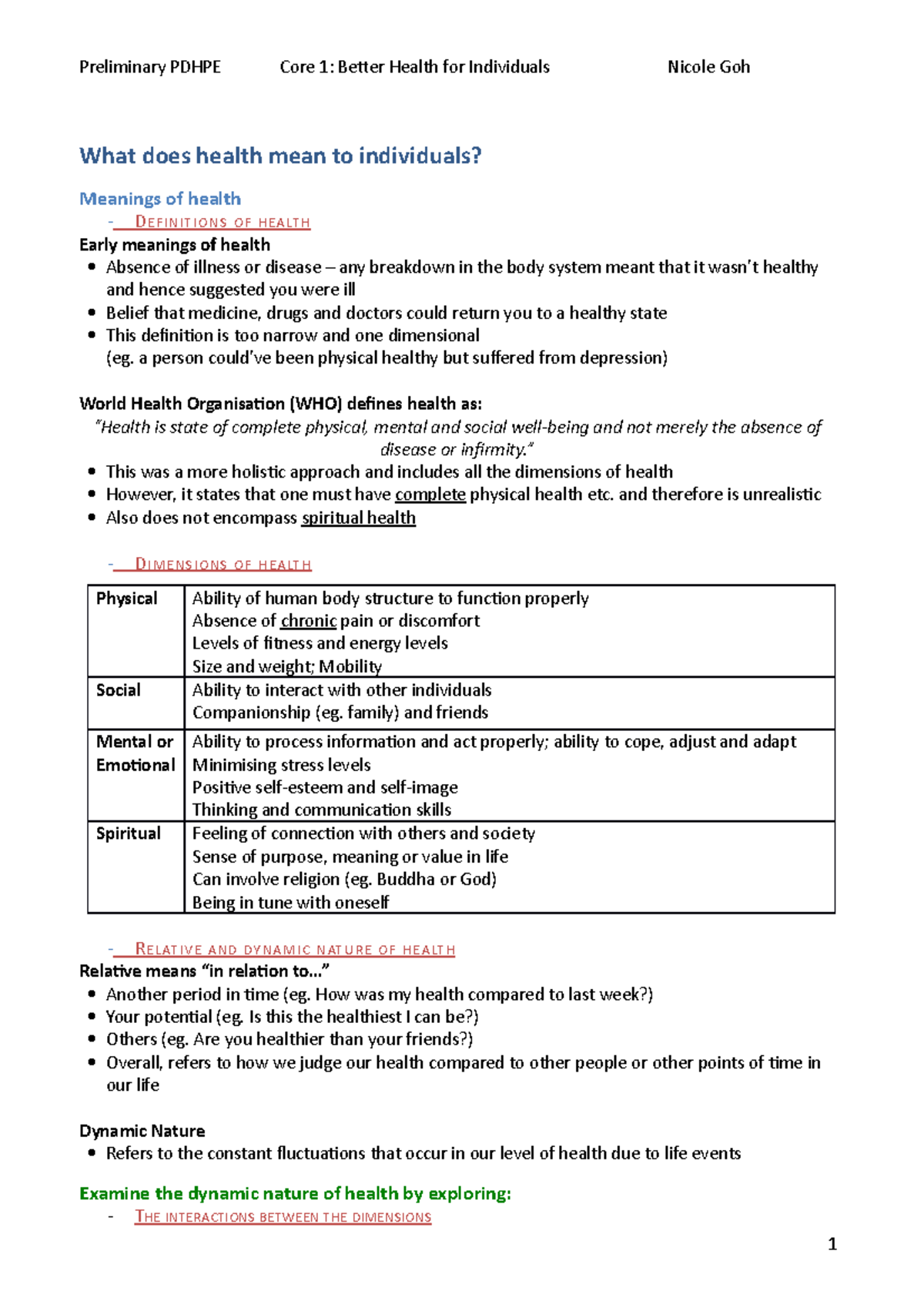 Core 1 – Better Health for Individuals - What does health mean to ...